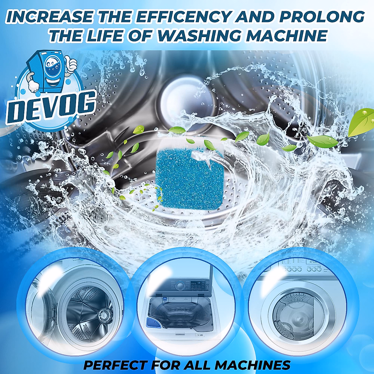 DEVOG Washing Machine Cleaner Tablets, 24 pcs Washer Machine Cleaner with Deep Cleaning Formula, 1 Year Supply, Washer Cleaner for Front Loader, Top Loader and HE