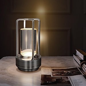 Cordless Table Lamp for Outdoor Indoor, Portable Metal Desk Lamp, Rechargeable LED Crystal Lantern Lamp, 3 Color Stepless Dimming Touch, Battery Powered Table Light for Bedroom Restaurant (Black)