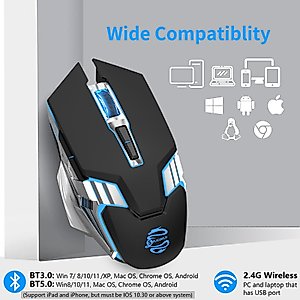 Bluetooth Mouse Rechargeable, Wireless Gaming Mouse Multi Device(BT5.0/3.0+2.4G) with Side Buttons, USB Receiver, RGB Backlit, Cordless Computer Mice for Laptop, Windows PC Mac Tablet(Black-Mute)