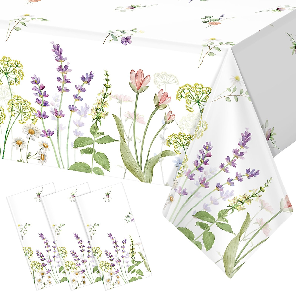 3 Pack Spring Floral Tablecloth, Summer Wildflower Plastic Table Cover for Rectangle Tables, Flower Holiday Disposable Table Cloth for Easter Birthday Picnic Wedding Tea Party Decorations, 54×108 Inch