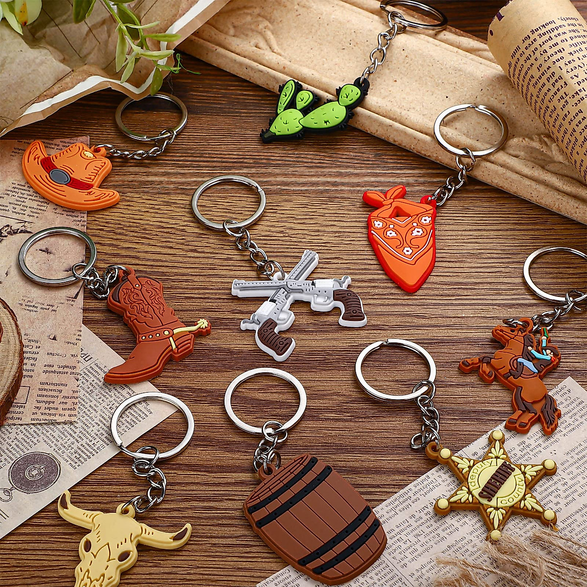 Panelee 36 Pcs Western Cowboy Keychain Silicone Key Ring Horse Boot Cowboy Hat Keychain Western Themed Party Keychain for Birthday