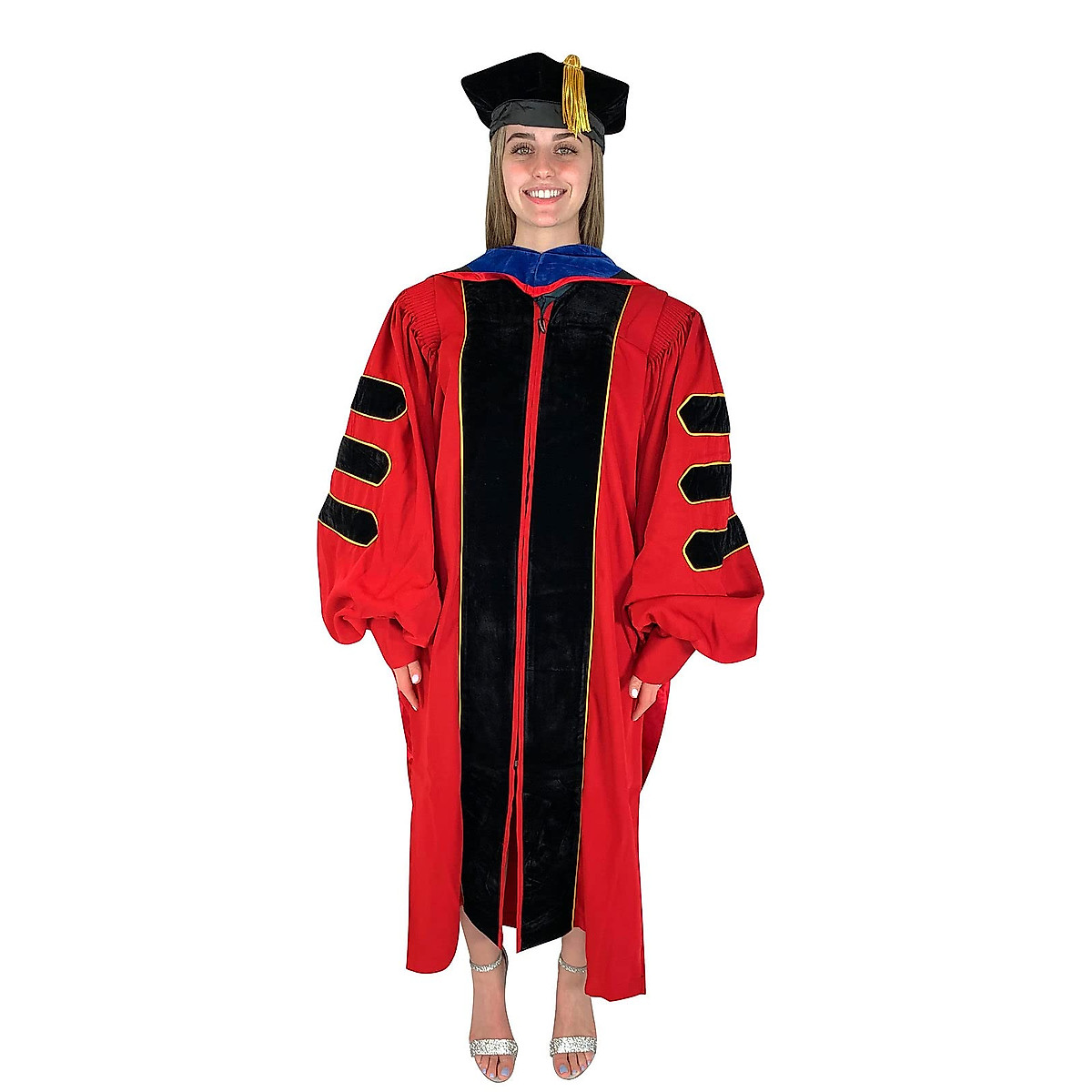 Cappe Diem Doctoral Deluxe Graduation Gown + 6 or 8 Sided Tam (Multiple Colors) (Red, 51" (5'6"-5'-8") + 8-Sided Tam)