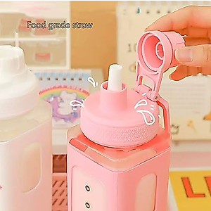 Kawaii Water Bottle With Straw And Sticker 23.6oz Cute For Kids Girls No Leak Large Sport Plasti Portable Square Drinking School Supplies, 02-Pink, 24