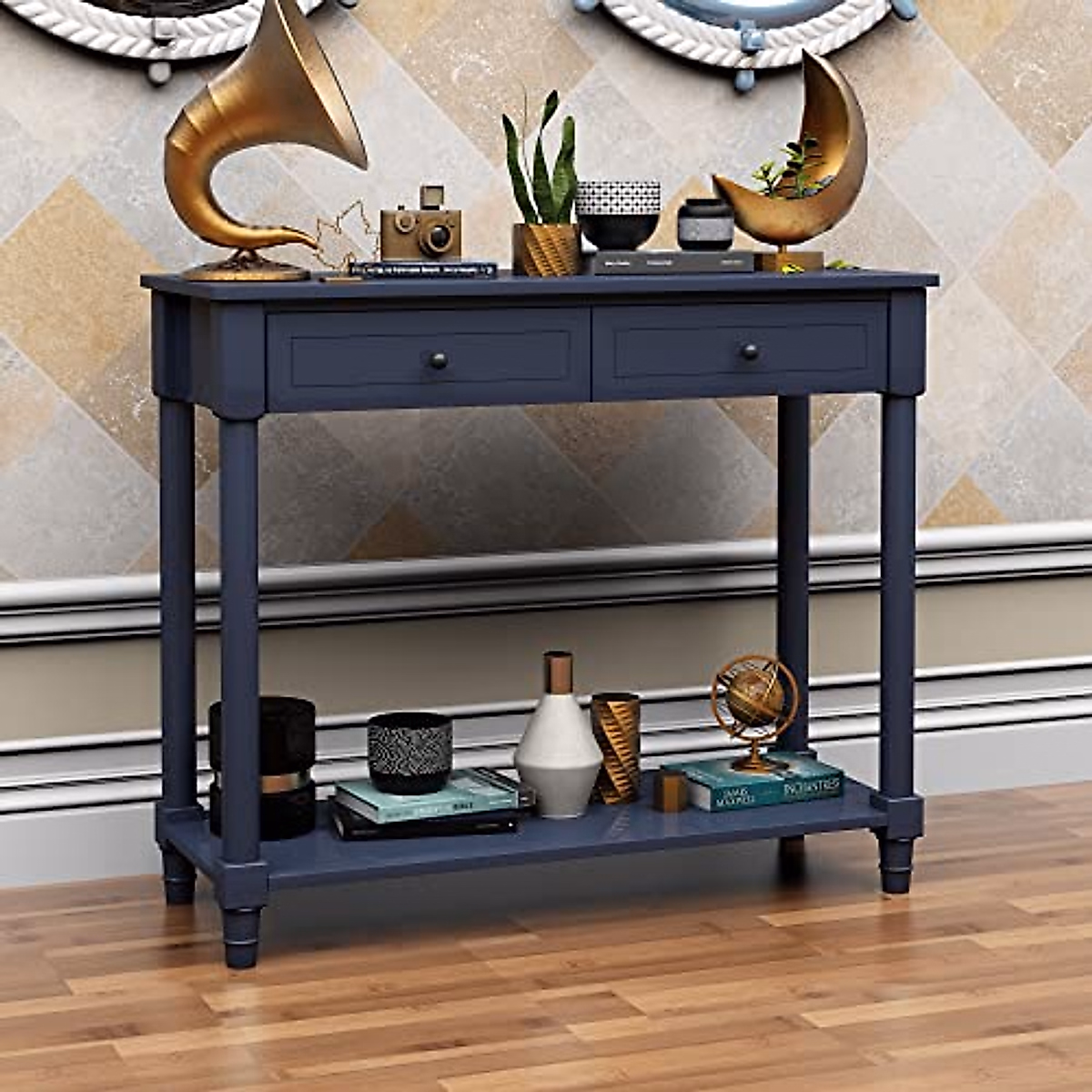 Karl home Console Table with 2 Drawers, Narrow Sofa Side Table Entryway Desk with Bottom Storage Shelf, TV Stand for Living Room Hallway Office, Navy Blue/Black 29.7" H