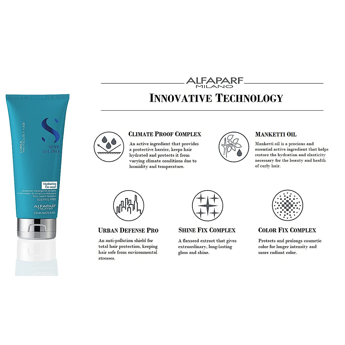 Alfaparf Milano Semi di Lino Hydrating Co-Wash - Foam-Free Conditioner for Curly Hair - Increases Hair Shine, Manages Frizz Control & Prolongs Cosmetic Color - Vegan & Sulfate Free (250ml)