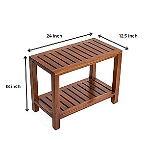 Teak Wood Waterproof Shower Bench - with Shelf, 24 Inch, Wooden Seat Stool for Bathroom, Spa, Garden, Fully Assembled