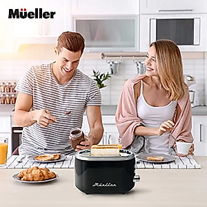 Mueller Retro Toaster 2 Slice with 7 Browning Levels and 3 Functions: Reheat, Defrost & Cancel, Stainless Steel Features, Removable Crumb Tray, Under Base Cord Storage, Black