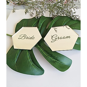 XIAOYUE Bride and Groom Acrylic Mirrored Hexagon Place Cards, Geometric Bride and Groom Table Setting,Wedding Place Cards, Bride and Groom Set (Silver Mirror)