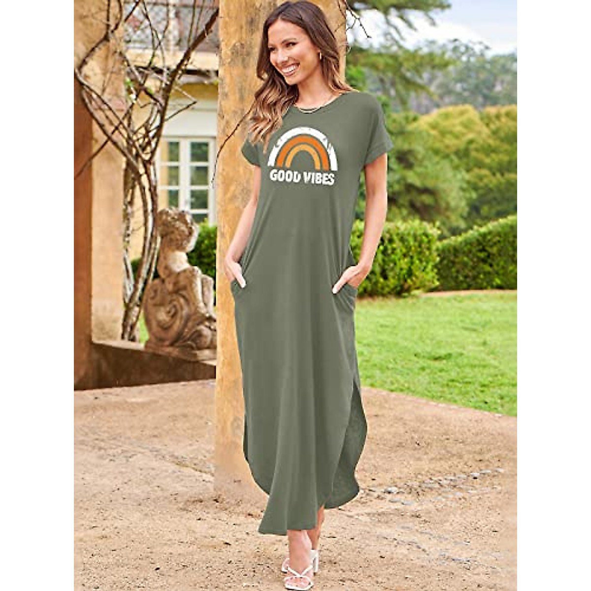 Prinbara Women's Casual Loose Sundress Long Dress Short Sleeve Split Maxi Dresses Cover Up Long Cami Maxi Dresses with Pockets 2PA22-ganlanlvyinzi-S