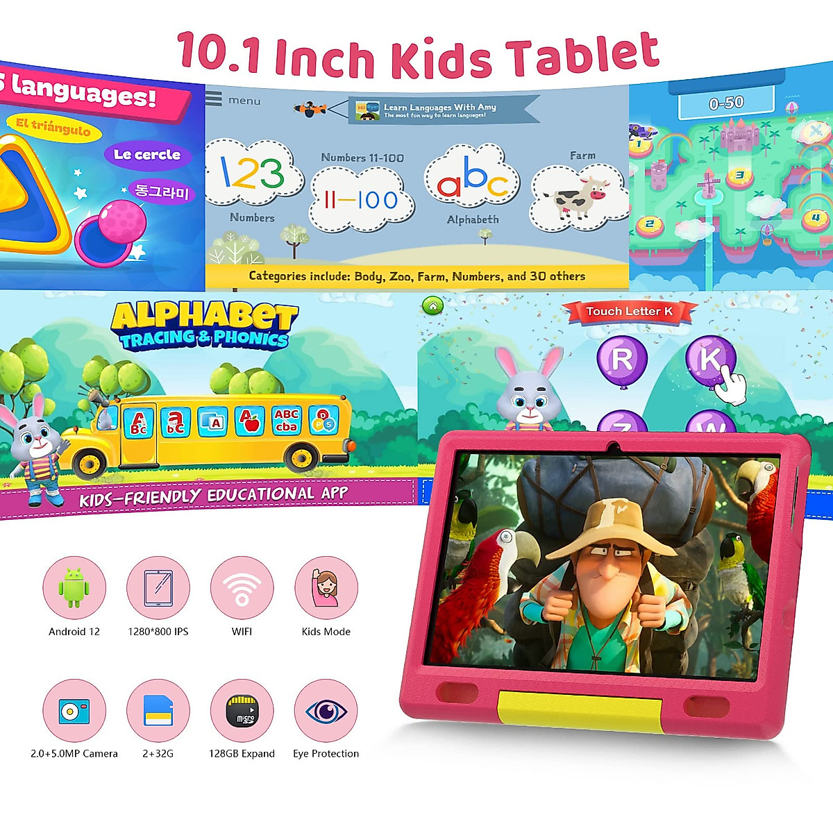 Mouikei Kids Tablet 10 inch Tablet for Kids, 2GB+32GB Android 12 Kids Tablet with Case, Parental Control APP, Dual Camera, Educational Games, Kidoz Pre-Installed Children Tablet (Blue)