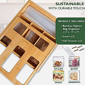 Ziplock Bag Storage Organizer for Kitchen Drawer - Bamboo Zip Lock Plastic Baggy Dispenser - Magnetic Sliding Lid for Easy Refill - Ziplock Bag Organizer Fits Gallon, Quart, Sandwich, Snack Baggies