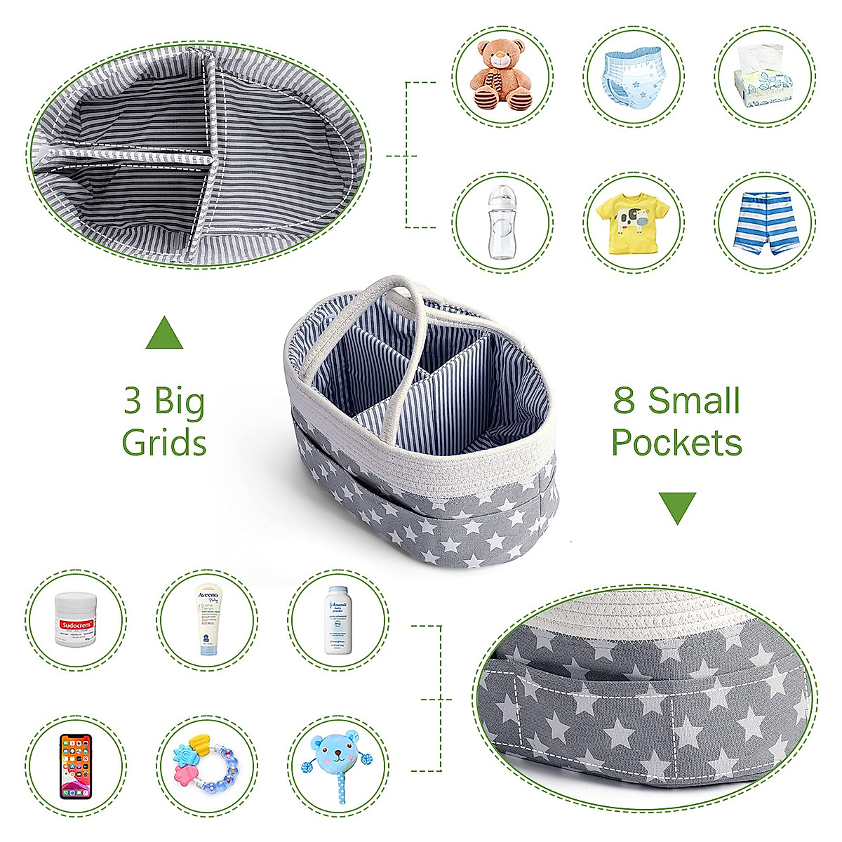 Baby Diaper Caddy Organizer, Rope Nursery Storage Basket with Removable Division Inserts, 3 Grids 8 Pouches, for Baby Boy or Girl Shower Gifts Newborn Essential Stuff Registry Must Haves Item