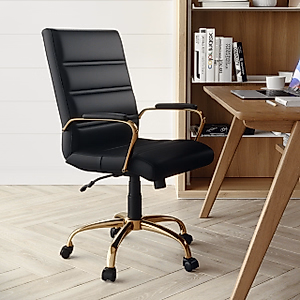 EMMA + OLIVER Mid-Back Black LeatherSoft Executive Swivel Office Chair with Gold Frame/Arms