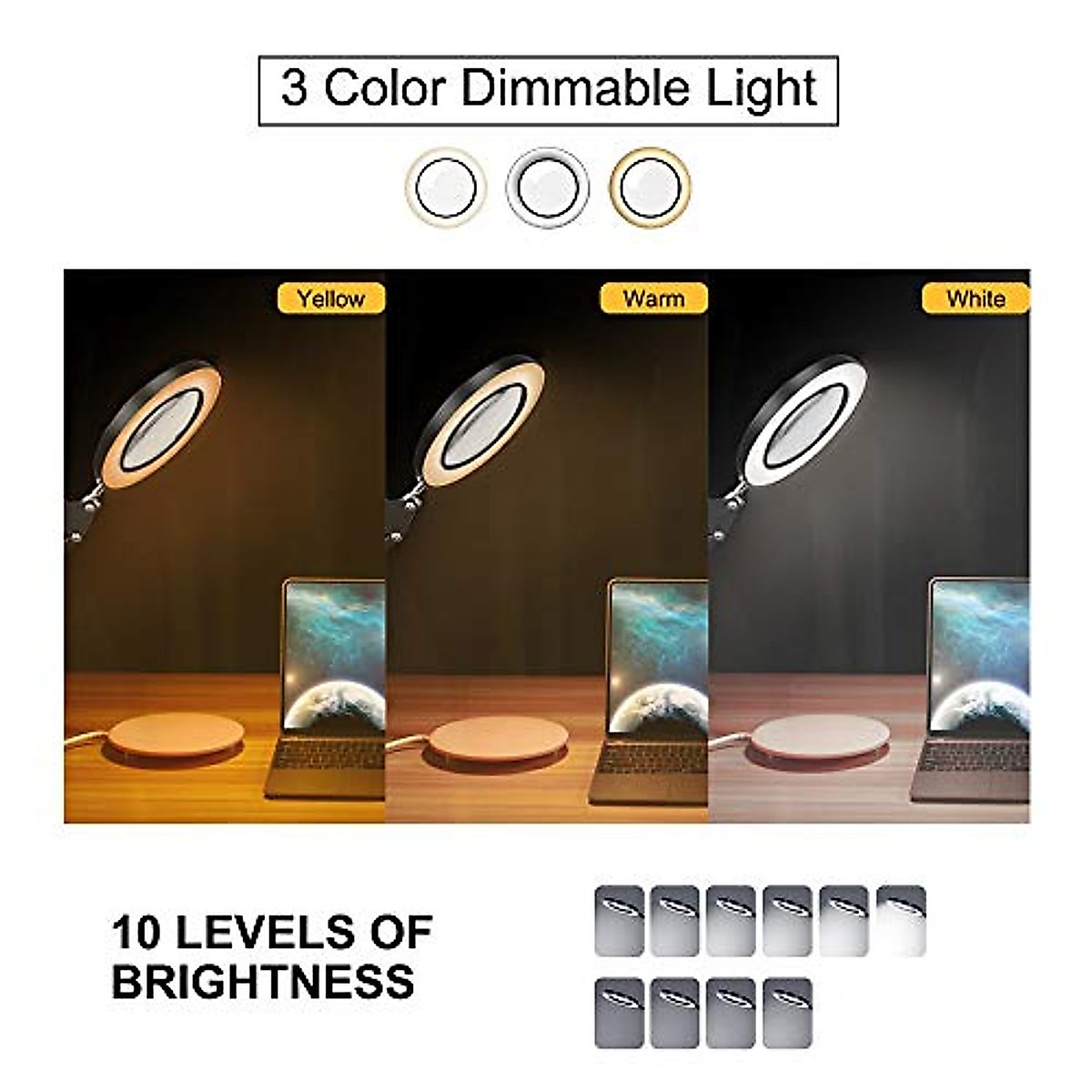NOEVSBIG Magnifying Lamp with Light, 3 Adjustable LED Light, 10 Brightness 5X Magnifier Desk Clip on Lamps for Close Reading/Office/Hobbies/Crafts Reading Table Work Clamp Lights(20 INCH)