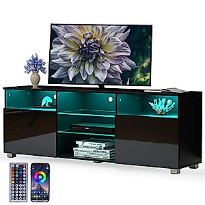 High Glossy LED Black TV Stand for 55/60/65 inch TV,Modern LED Entertainment Center with Adjustable Storage Shelves,Game Console Entertainment Center,TV Table Media Furniture (57inch, Black)