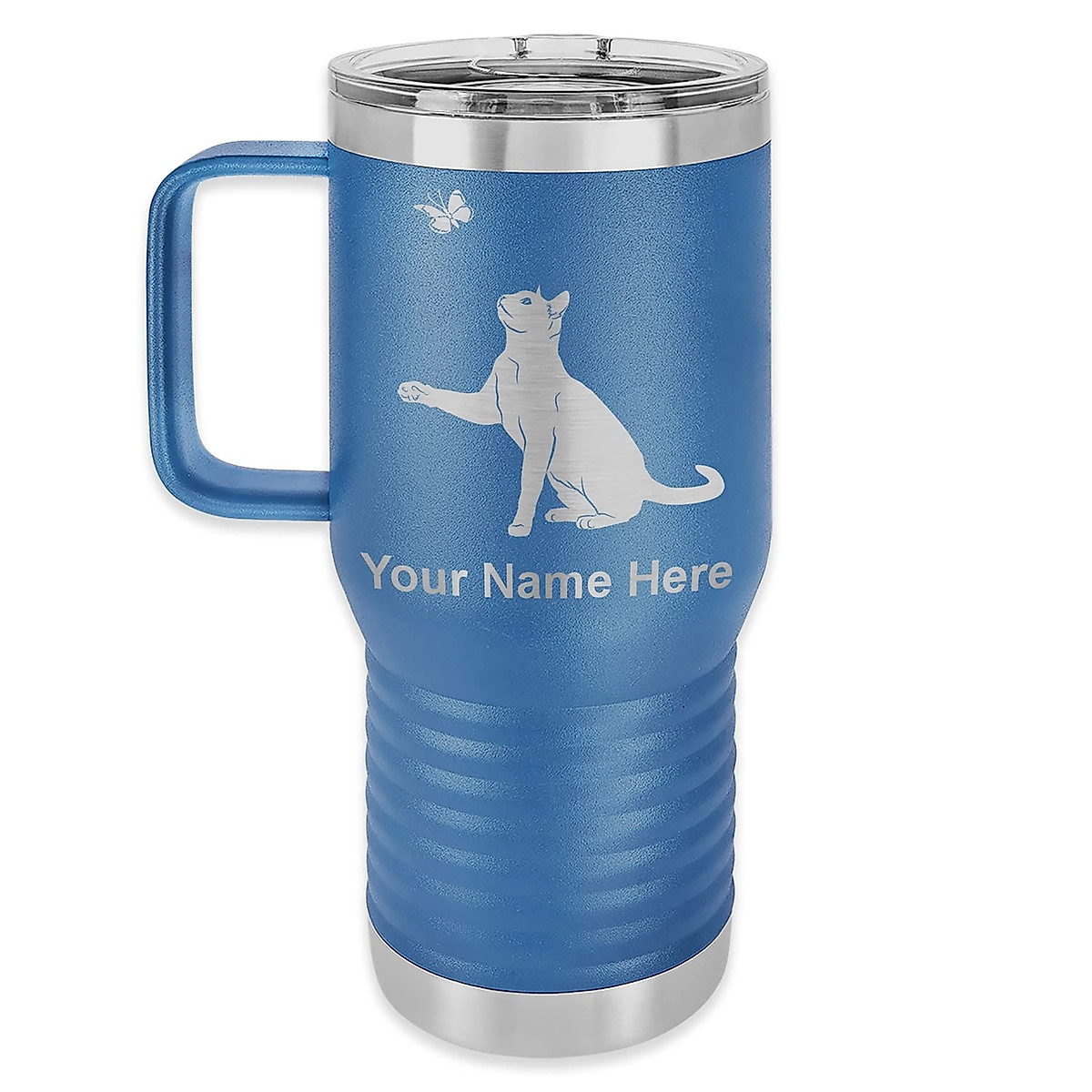 LaserGram 20oz Vacuum Insulated Travel Mug with Handle, Cat with Butterfly, Personalized Engraving Included (Dark Blue)