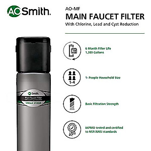 AO Smith Under Sink Water Filter System - Basic Direct Connect Main Faucet Clean Water Filtration - Carbon Block Filter Reduces Up to 99% of 9 Harmful Contaminants - AO-MF