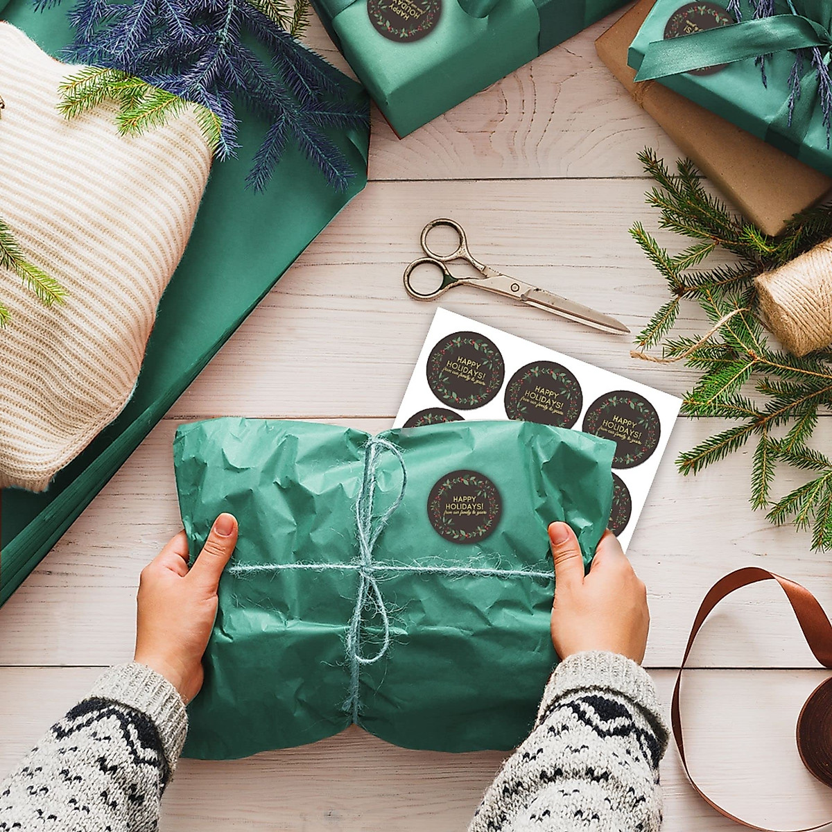 Mobiusea Creation Happy Holidays Stickers | Envelope Seals | 1.4 inch | Gold Foil | Black Wreath Christmas Stickers | Waterproof | 90-Pack for Christmas Gifts, Envelopes, Holiday Cards