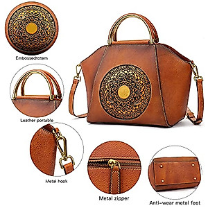 Genuine Leather Handbags for Women, Organizer Top Handle Satchel Vintage Embossing Totem Shoulder Bag Medium