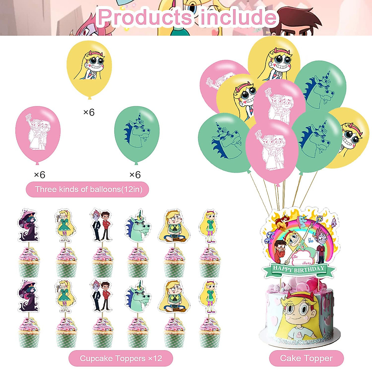 32Pcs Star vs. the Forces of Evil Birthday Party Decorations,Party Supply Set for Kids with 1 Happy Birthday Banner Garland , 13 Cupcake Toppers,18 Balloons for Party Supplies