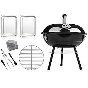 14inches Portable Outdoor Charcoal Grill Set of 9, Leonyo Small BBQ Charcoal Grill, Tabletop Mini Grill for Camping, Barbecue Grill Cooking Kit with Extra Grill Grate, Cleaning Bricks, Grill Trays