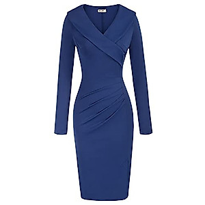 GRACE KARIN Women's Business Pencil Dress Office Long Sleeve Cocktail Dress Wedding Guest Blue S