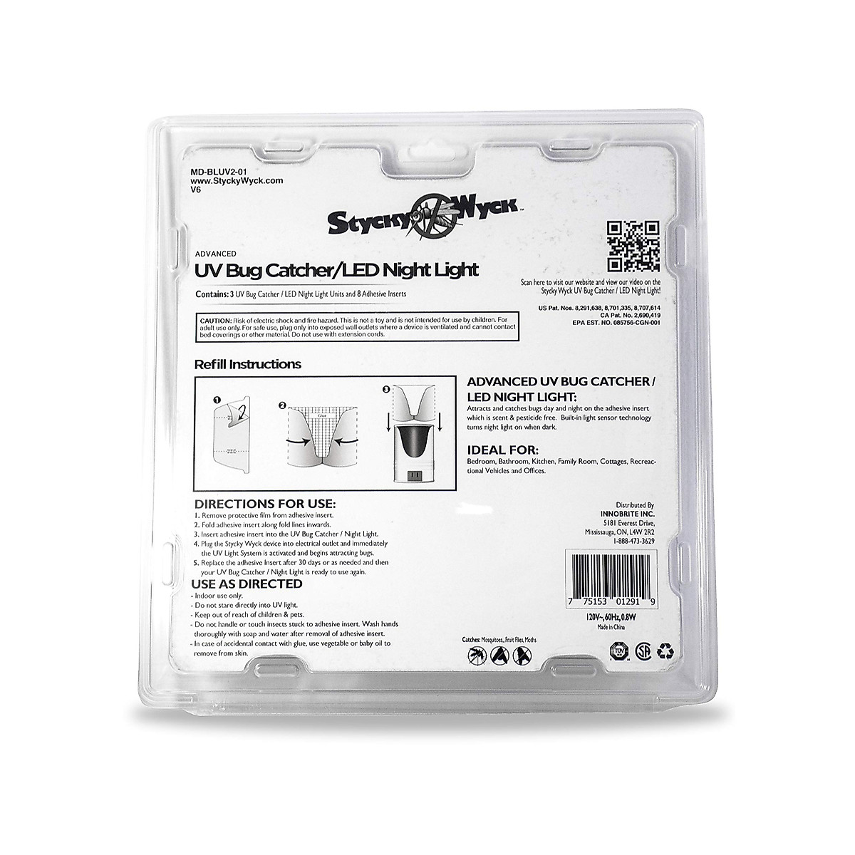 Stycky Wyck LED UV Bug Catcher (Multi-Pack) - Plug in Bug Catcher - Night Light - Safe for Indoor Use - Adhesive Inserts Included