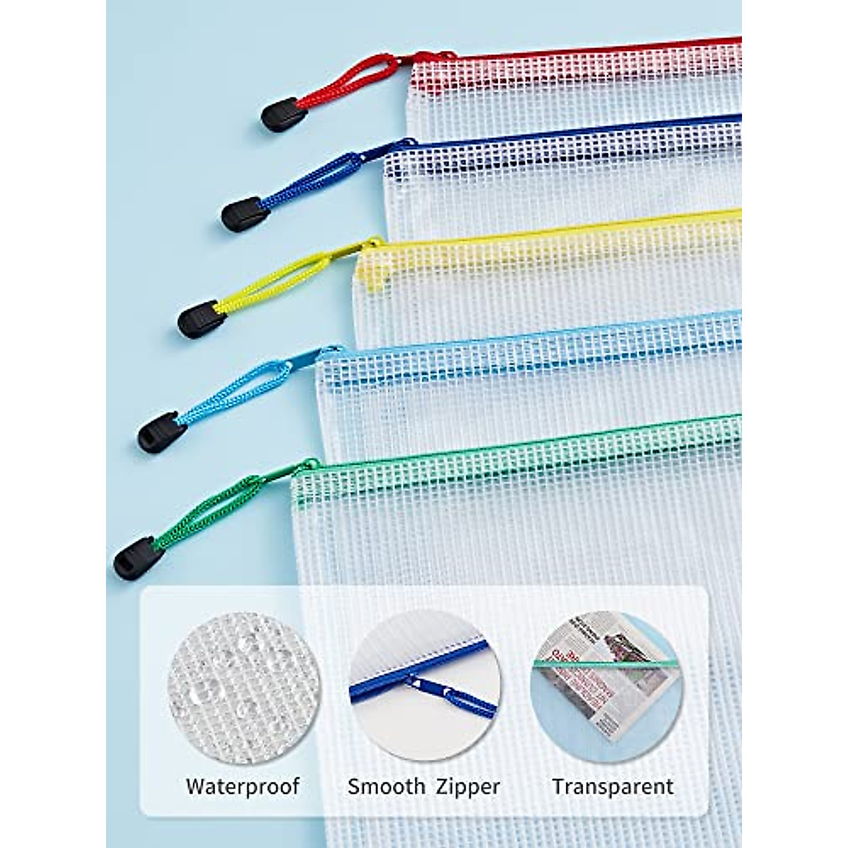 JARLINK 10 Pcs A3 Mesh Zipper Document Pouch, 10 Colors, Waterproof Plastic File Pouches for Organizing School and Office Supplies, Cosmetics, Travel Accessories