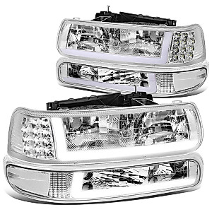 DNA MOTORING HL-LB-CSIL99-CH-CL1 Chrome Housing Pair LED DRL Headlight Bumper Lamps Replacement For 99-02 Silverado