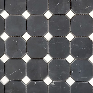 Stone Center Online Nero Marquina Black Marble 2 inch Octagon Mosaic Tile w/Thassos White Dots Honed Kitchen Bath Wall Floor Backsplash Shower (1 Sheet)
