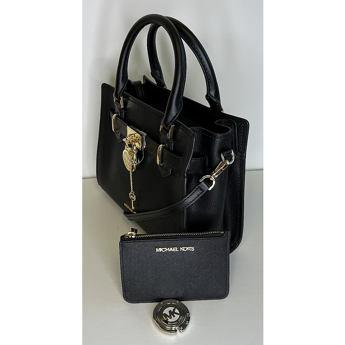 Michael Kors MICHAEL Michael Kors Hamilton SM Satchel bundled with SM TZ Coinpouch Purse Hook (Black)