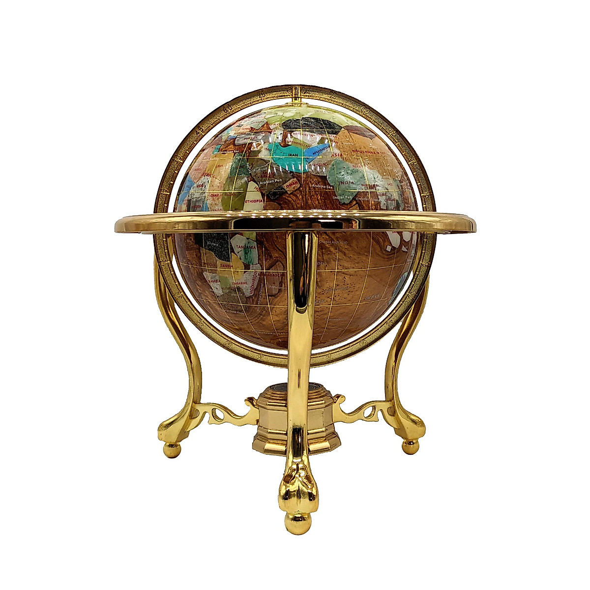 14" Tall Amber Pearl Gold Stand Gem Gemstone World Map Globe Globes Maps