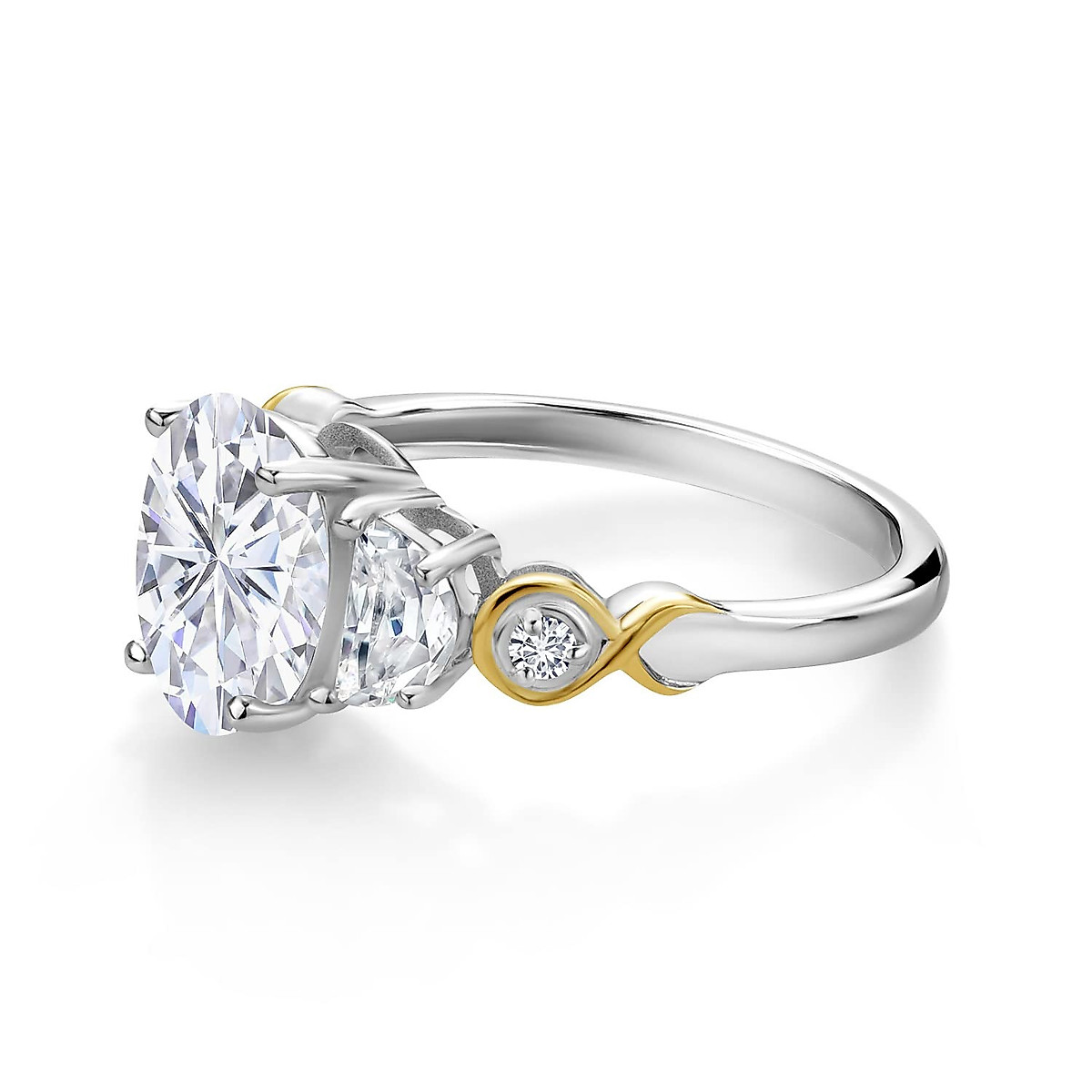 Gem Stone King 925 Silver and 10K Yellow Gold Moissanite and Lab Grown Diamond 3-Stone Women Wedding Engagement Anniversary Promise Ring (2.60 Cttw, Available In Size 5, 6, 7, 8, 9)