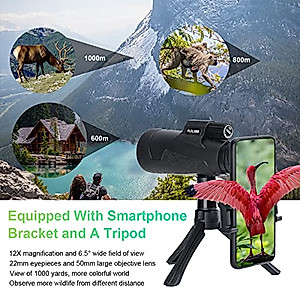 Monocular Telescope 12X50 Waterproof Telescope, High Definition BAK4 Prism, Adults Compact Monocular with Phone Holder and Metal Tripod for High Definition Bird Watching Hunting Hiking Camping