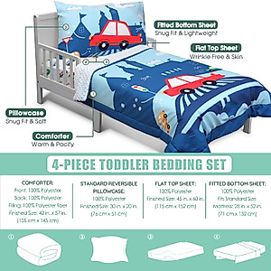 ACRABROS Toddler Bedding Set-4 Pieces Toddler Bedding Sets for Girls Boys Includes Comforter Fitted Sheet Flat Sheet and Reversible Pillowcase,Ultra Soft Toddler Bed Set, Car