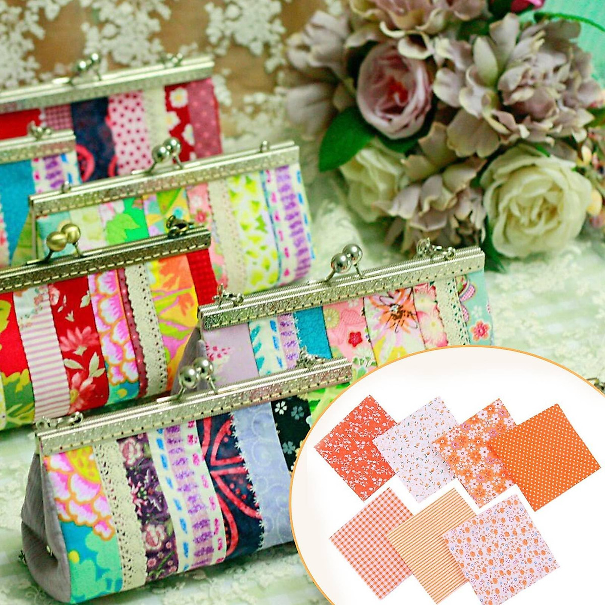 14Pcs Cotton Craft Fabric, Quilting Patchwork Fat Quarter Bundles Quilt Sewing Orange Floral Fabrics for Craft DIY, 25x25cm