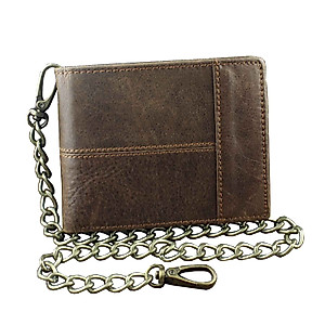 New Vintage Brown Leather Wallet With Chain Mens Bifold /Many Card Holder