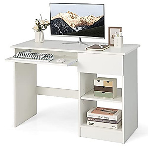 Tangkula White Desk with Drawer, Wooden Computer Desk with Pull-Out Keyboard Tray & Adjustable Storage Shelves, Modern Laptop PC Desk with CPU Stand, Writing Study Desk for Bedroom (White)
