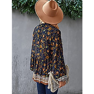 KAYWIDE Women's Casual Boho V Neck Top Loose Floral Printed Long Sleeve Beach Shirts Blouses (036-Blue, Large)