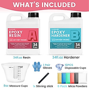 NASUBI Crystal Clear Epoxy Resin Kit - 68OZ Easy to Use Resin for Art, Mold, Wood, Jewelry, NO Bubbles, NO Odor, UV Resistant, 2 Part Casting Coating Resin Kit with Silicone Cups, Sticks, Pigment