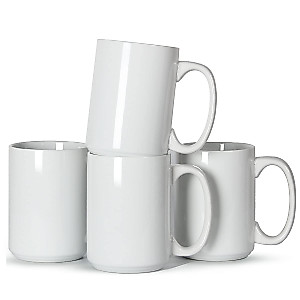 16 OZ Porcelain Coffee Mugs, Smilatte Classic Blank Ceramic Cup with Large Handle for Tea Latte Cappuccino, Set of 4, White