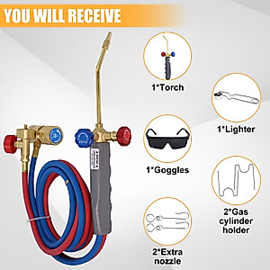 Brass Welding Torch Compatible with MAPP and Oxygen - Soldering, Welding, Heating, Plumbing Micro Mini Propane Torch with Brazing, Sparker, and Protection Glass