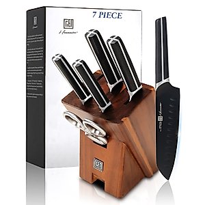 Kitchen Knife Set, Hanmaster 7 Pieces German Steel Knives Set for Kitchen with Acacia Wood Block, Kitchen Scissors, Gift Box Packed.