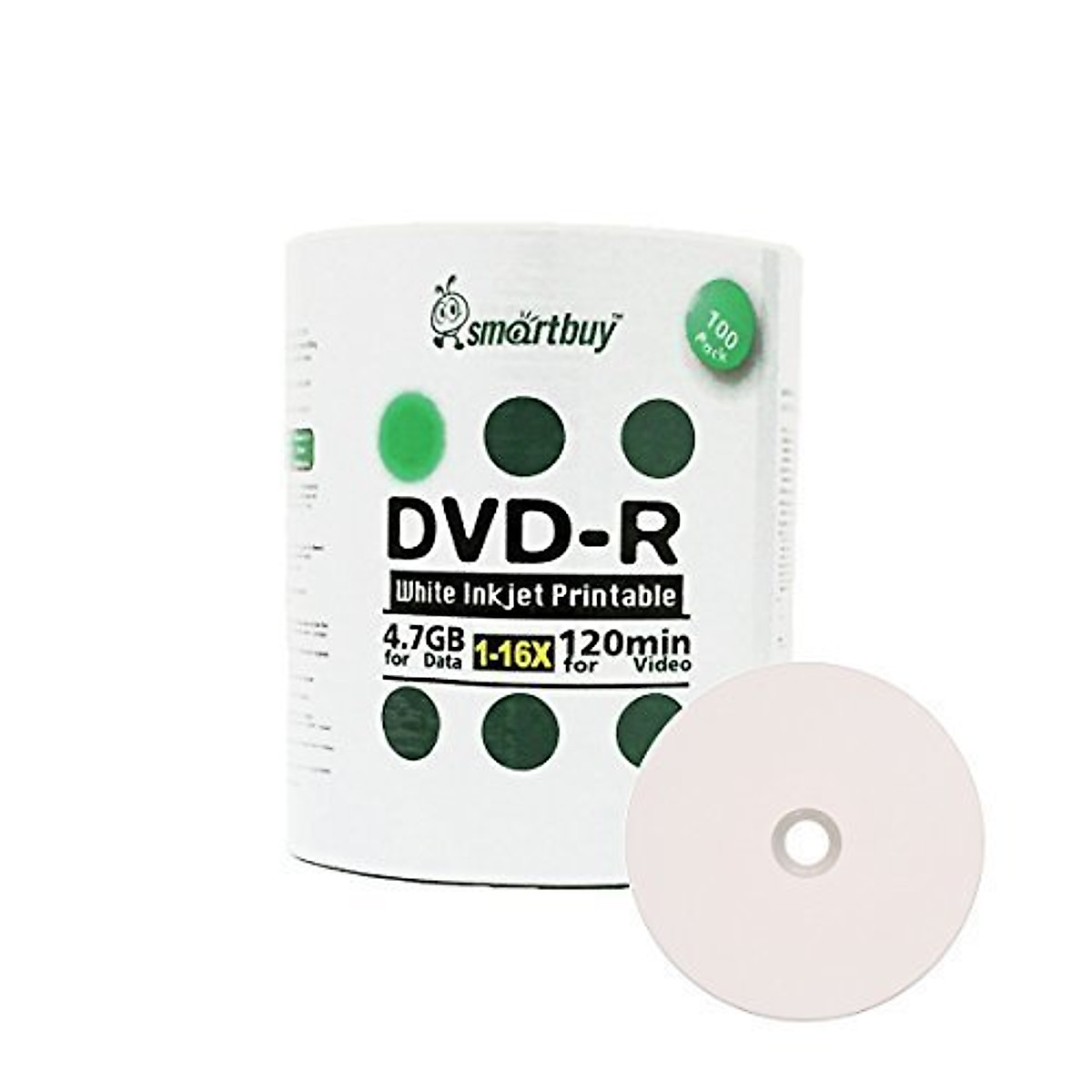 Smart Buy 100 Pack DVD-R 4.7gb 16x White Printable Inkjet Blank Media Record Disc, 100 Disc 100pk