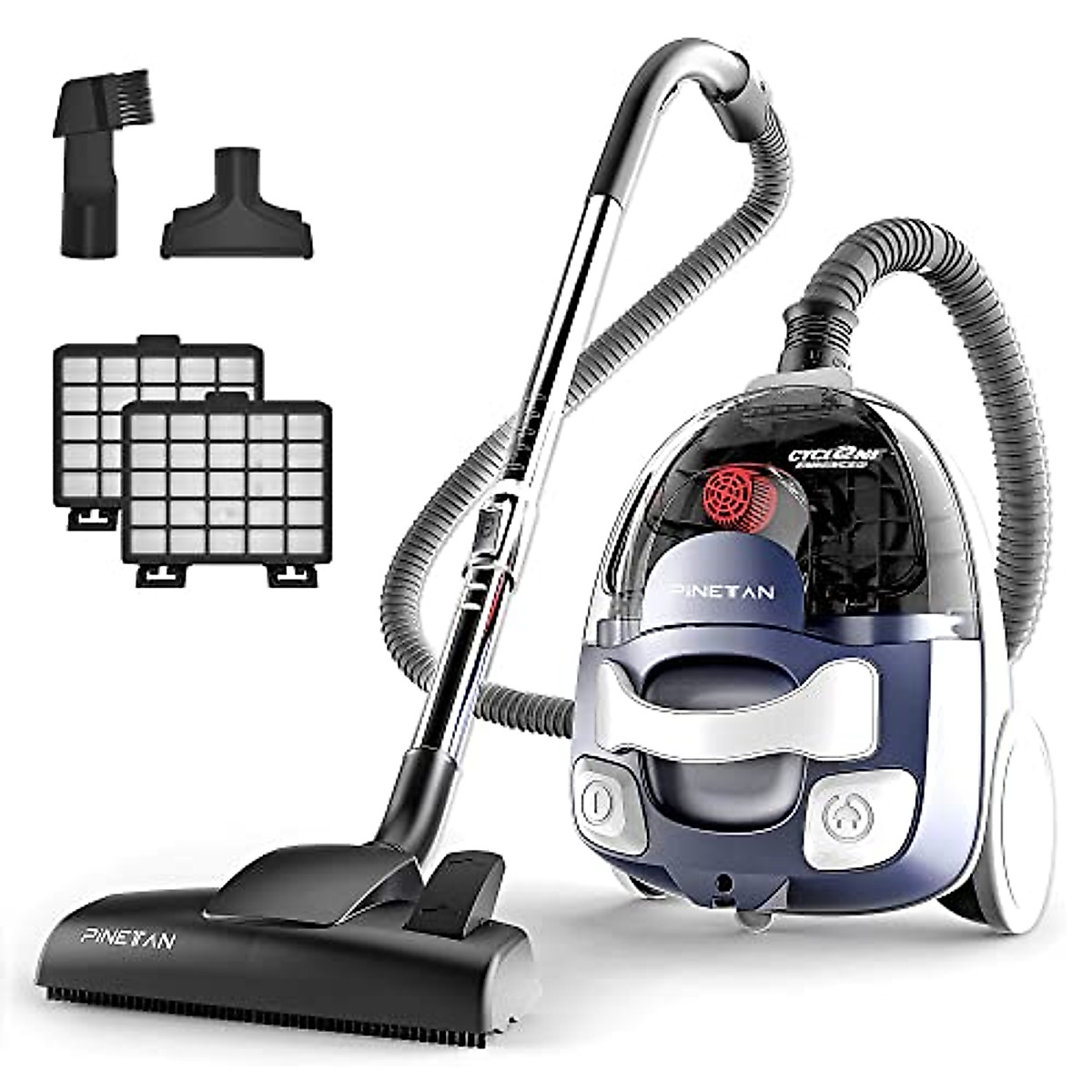 PINETAN Bagless Canister Vacuum Cleaner, with Double HEPA Filtration, Lightweight Design & Powerful Suction, Multi-Surface Cleaning Nozzle and Automatic Cord Rewind - Ocean Blue, UC601