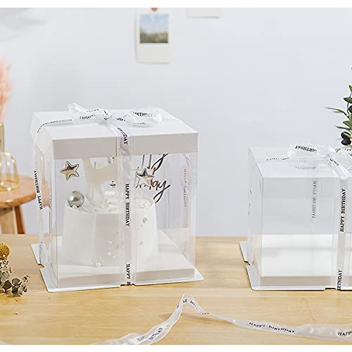 XININSUN 2Pcs Large Cake PET Clear Box, 10" X 10" X 9" with ribbon and pre-folded lid, for 8" cake packing carry, baking cookie display, Carry Tall Layer Gift, Festive Gift Box -White
