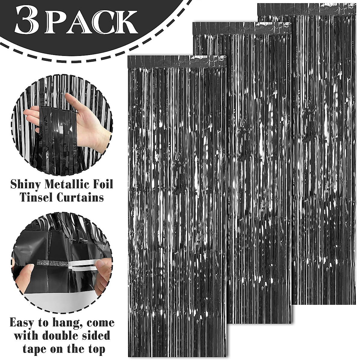 MEEZY 3Pack 3.2ft x 8.2ft Black Foil Fringe Curtains Backdrop Metallic Foil Tinsel Streamers with Black Balloons for Graduation Bachelorette Baby Shower Wedding Birthday Bridal Shower Party Decor
