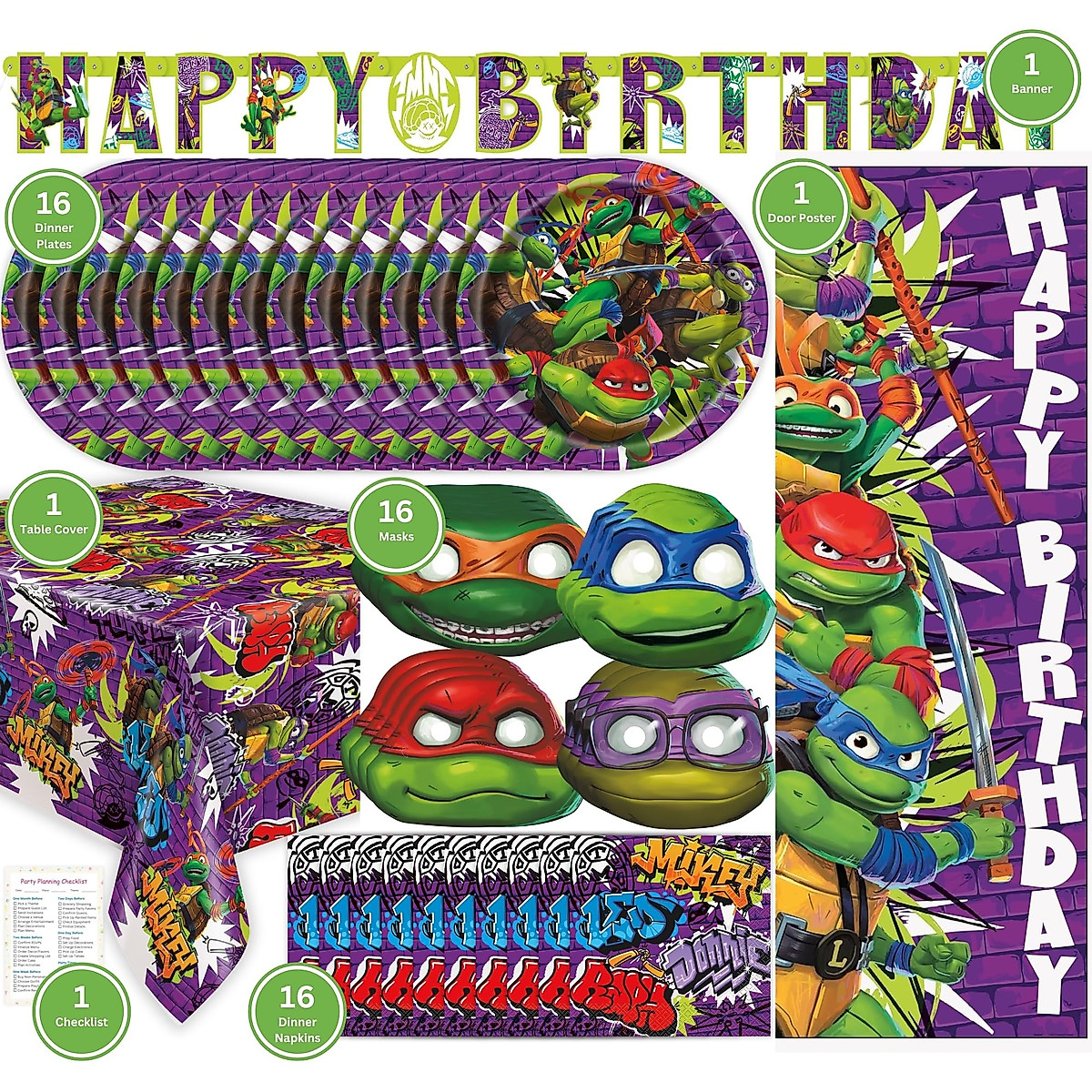 Ninja Turtle Party Decorations - 16 Guests - Ninja Turtle Plates and Napkins, Tablecloth, Banner, Teenage Mutant Ninja Turtles Party Supplies, Checklist - TMNT Mutant Mayhem Movie