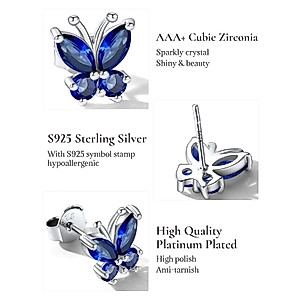 Women Sterling Silver Animal Stud Created Gemstone Sapphire Blue Butterfly Stud Earrings