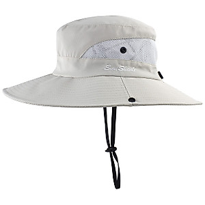 Womens Summer Sun Hat Outdoor UV Protection Foldable Wide Brim Bucket Ponytail Hats Beach Safari Fishing Cap Pure Beige
